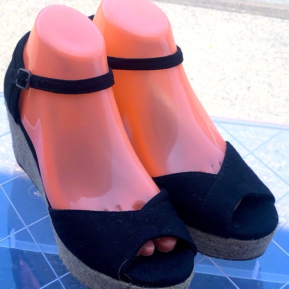 Toms | Shoes | Toms Womens Open Toe Peep Toe Cork Wedge Black Ankle ...